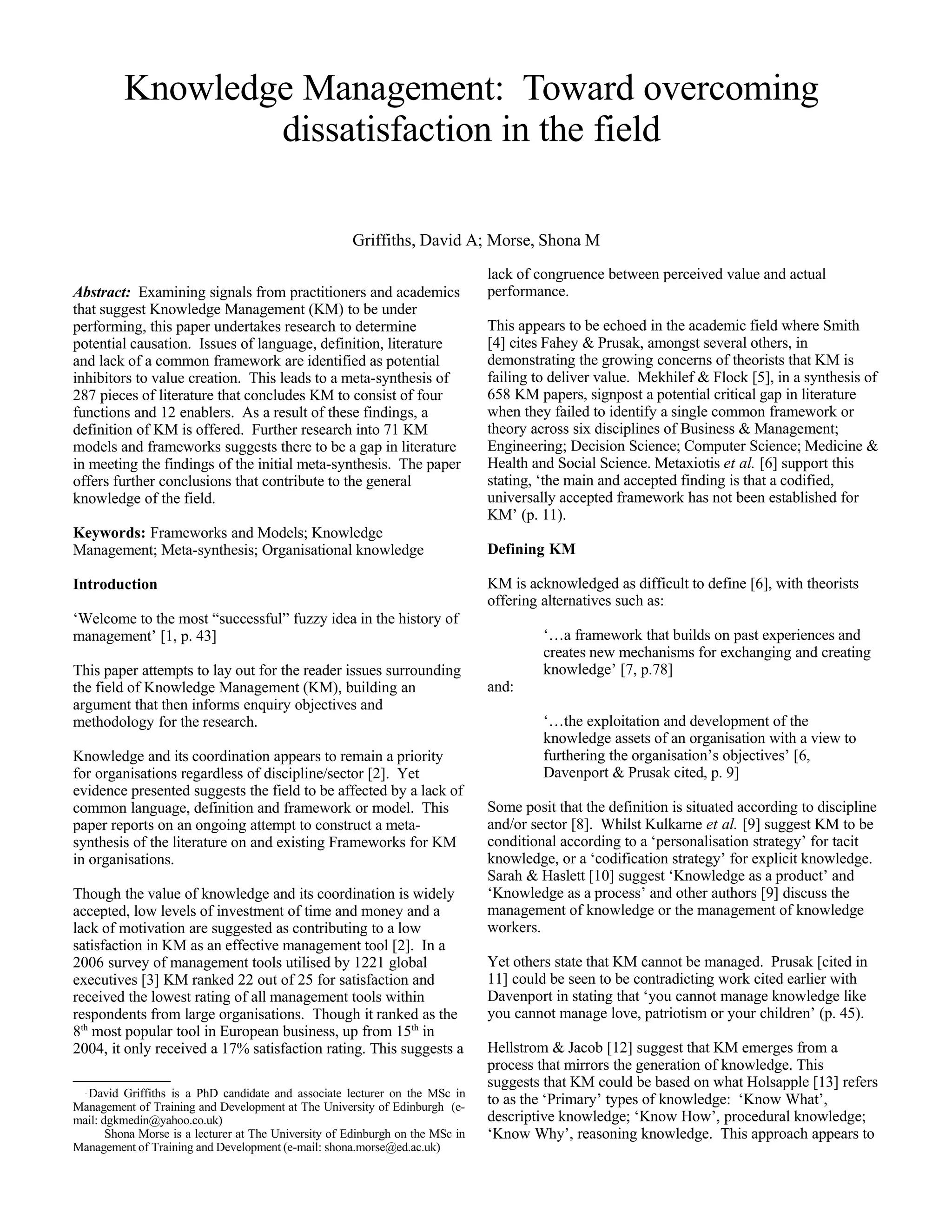 Paris 09 Knowledge Management Identifying The Functions And Enablers ...