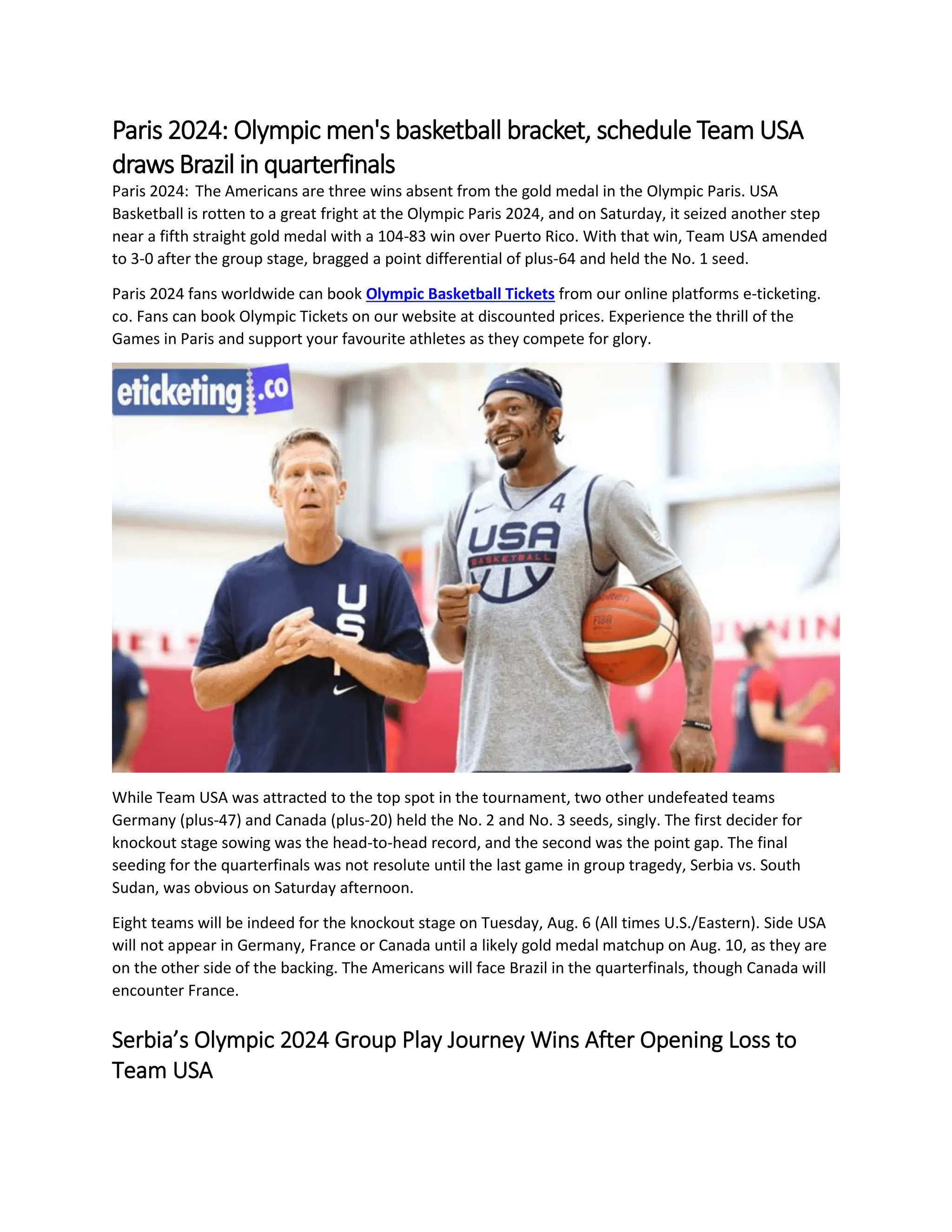 Paris 2024 Olympic men's basketball bracket, schedule Team USA draws Brazil in quarterfinals.pdf