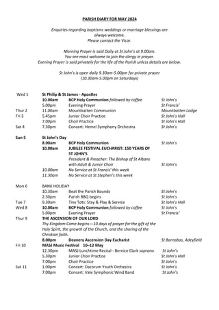 St John's Church Parish Diary for May 2024 | PDF | National & Civic ...