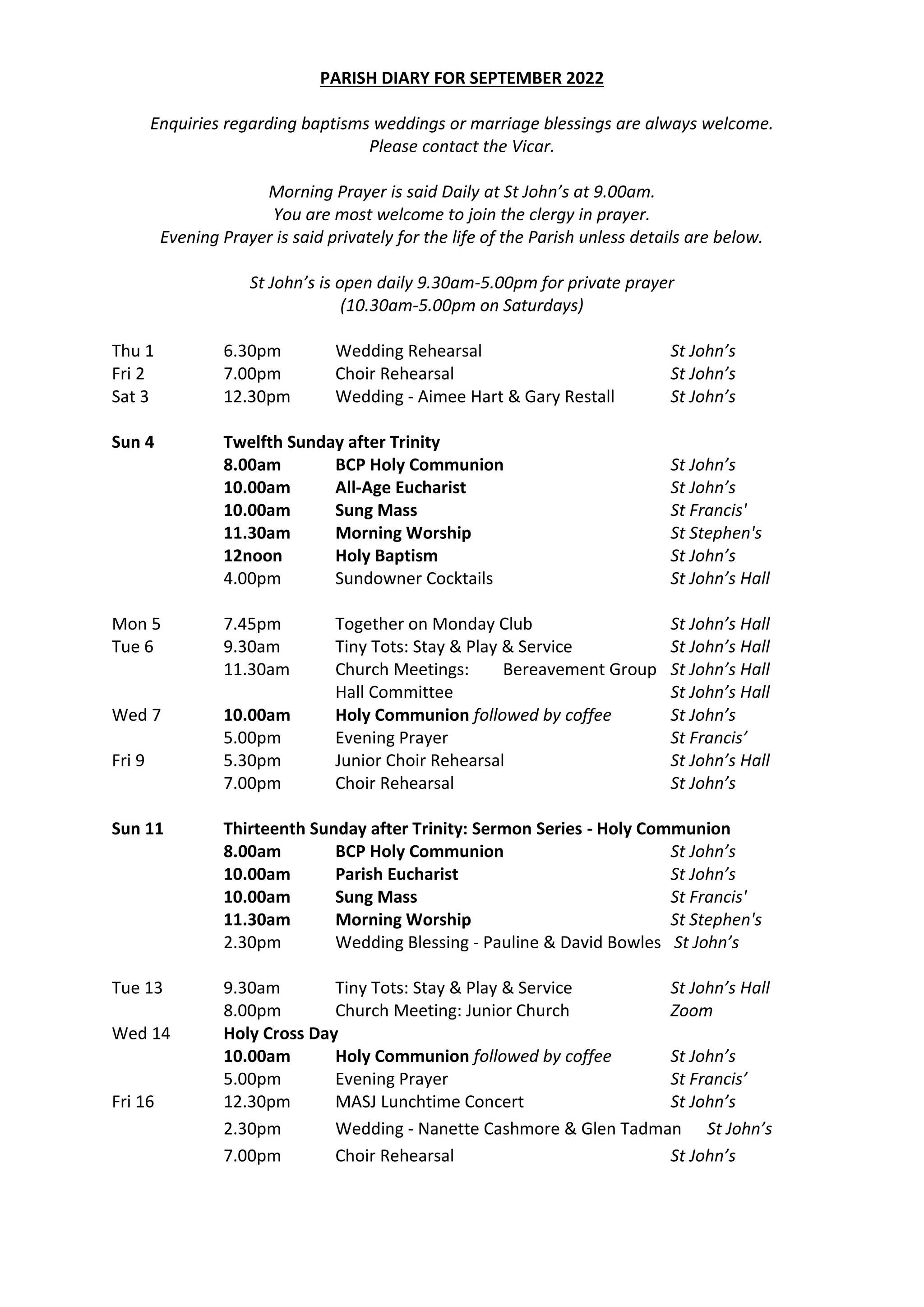 PARISH DIARY FOR SEPTEMBER 2022 | PDF