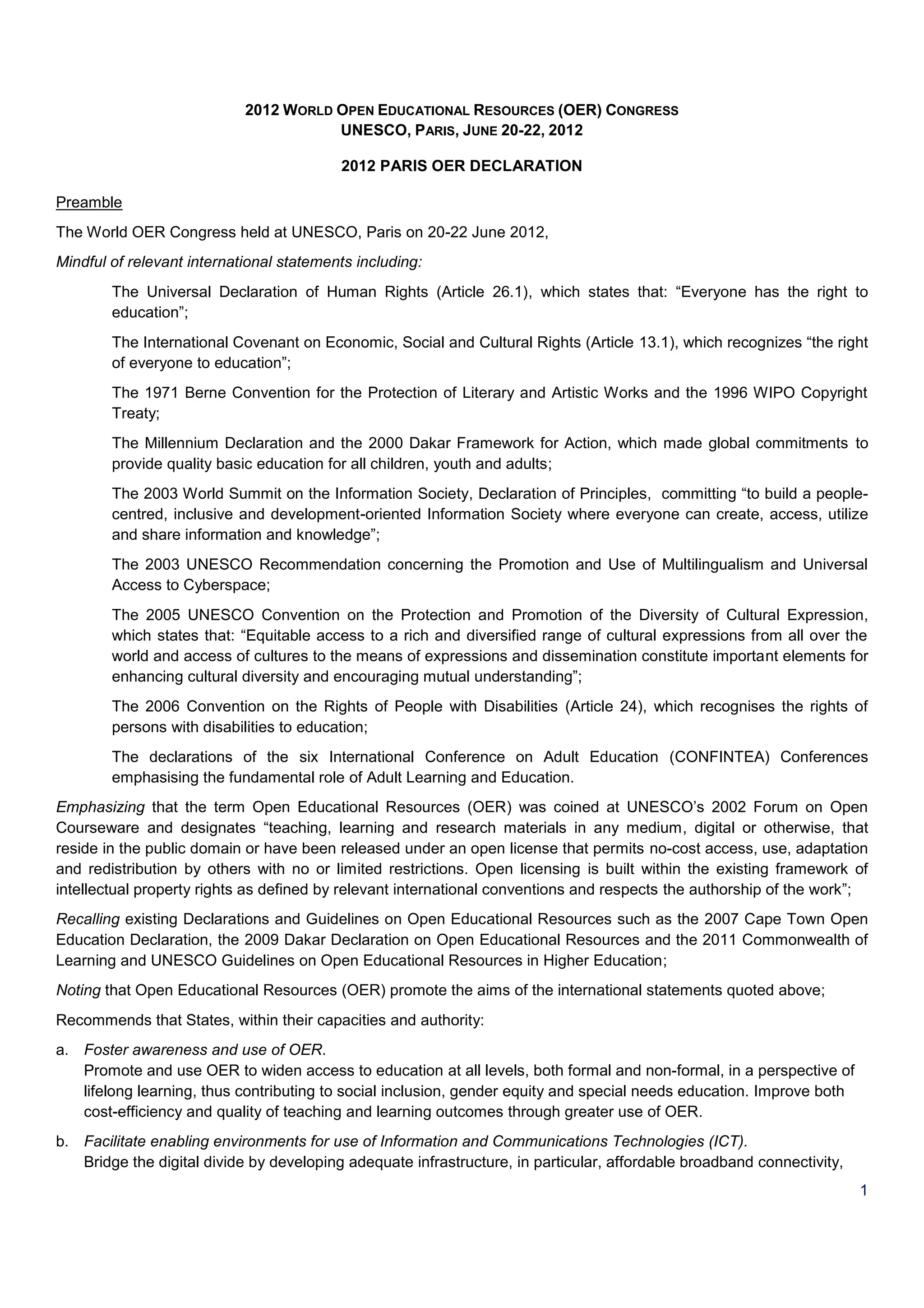 Paris oer declaration 01 | PDF