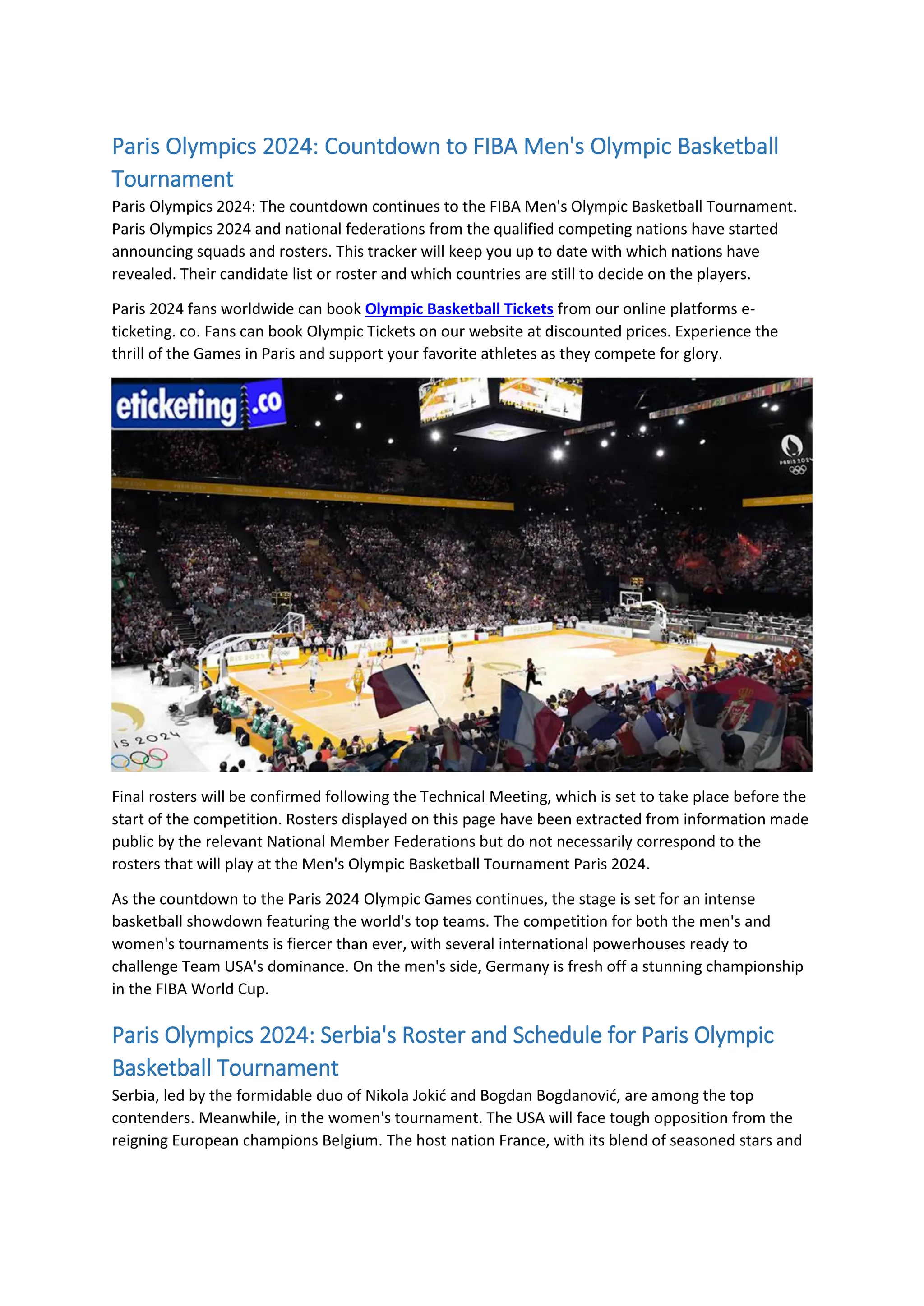 Paris Olympics 2024 Tickets: Countdown to FIBA Men's Olympic Basketball Tournament | PDF
