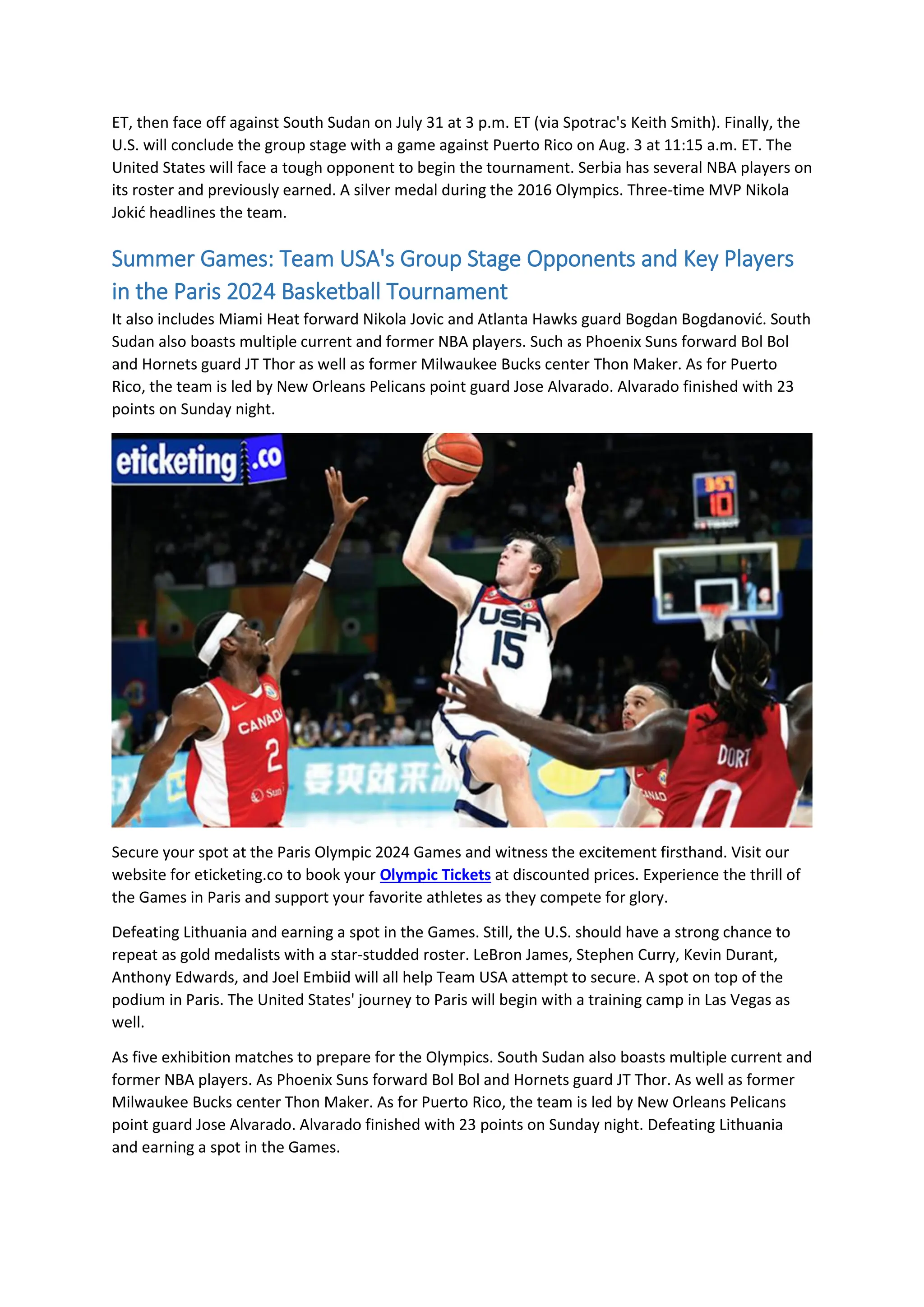 Paris Olympics 2024 Tickets: Countdown to FIBA Men's Olympic Basketball Tournament | PDF