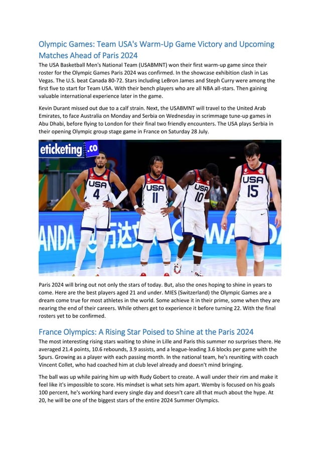Paris Olympics 2024 Tickets: Countdown to FIBA Men's Olympic Basketball Tournament | PDF
