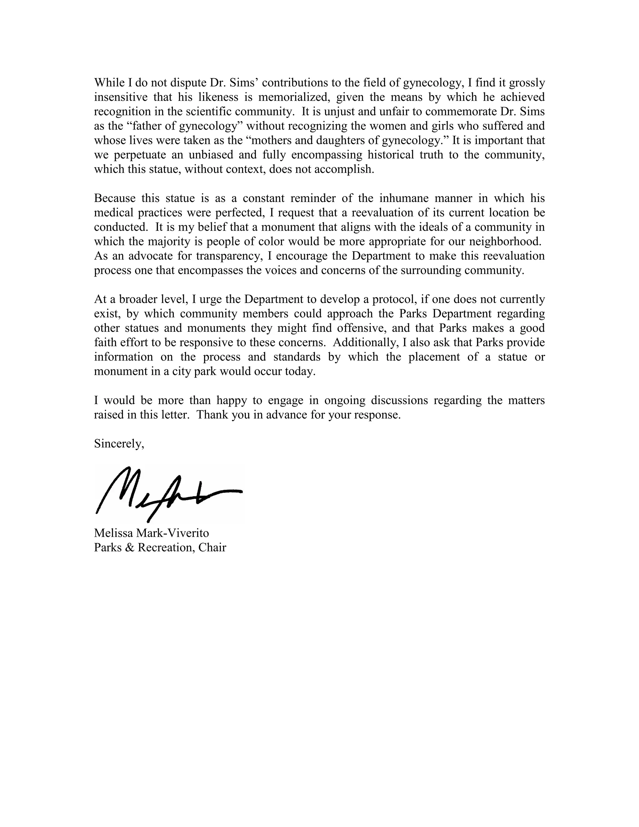Letter from Melissa Mark-Viverito to Parks Dept re: Statues & Monuments ...
