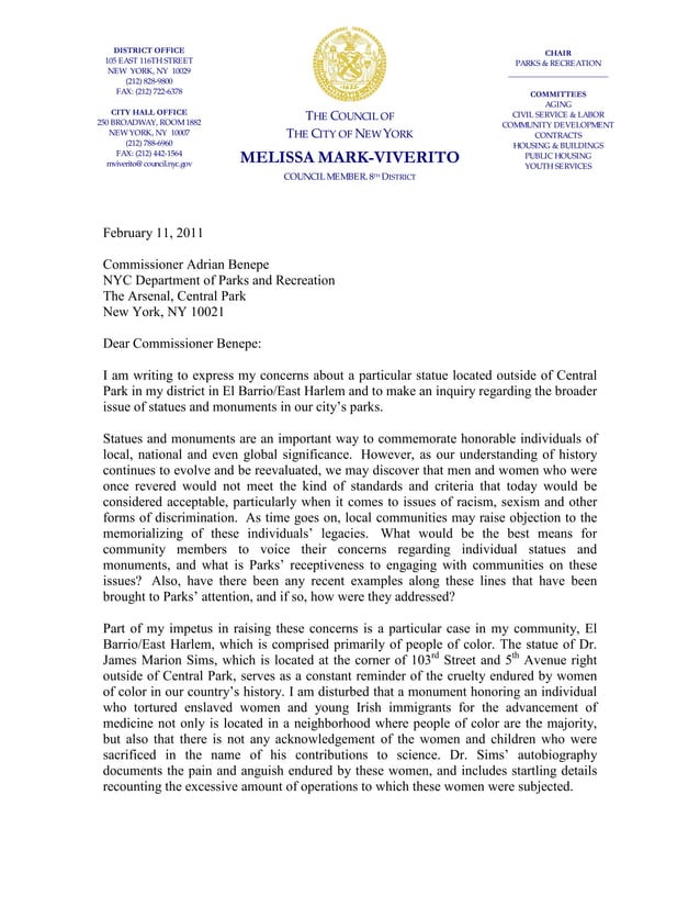 Letter from Melissa Mark-Viverito to Parks Dept re: Statues & Monuments ...