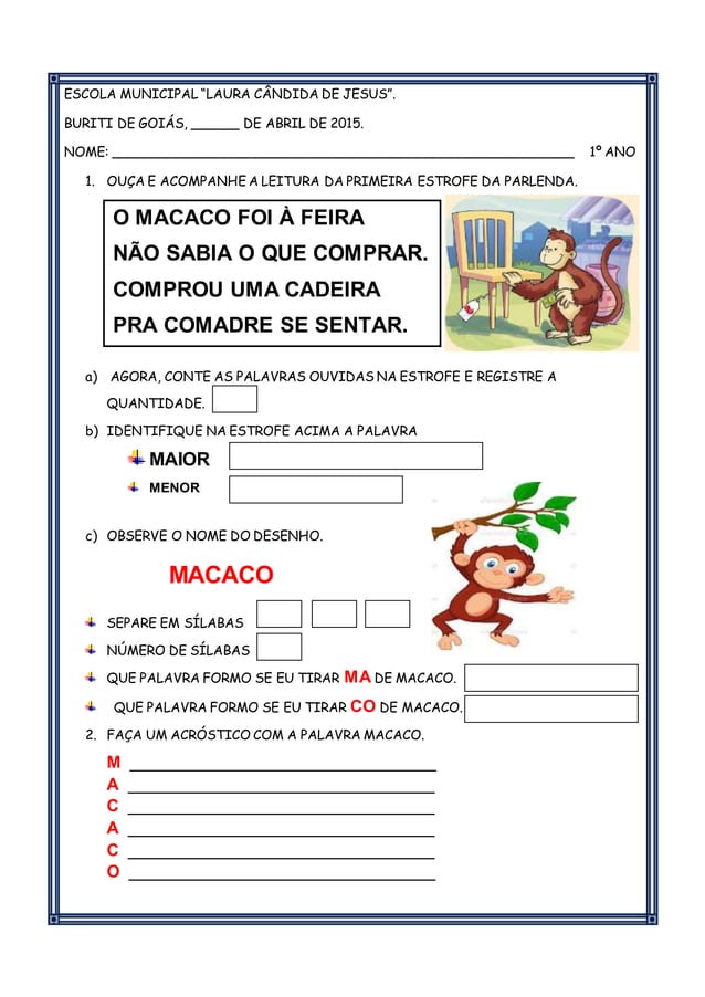Parlendas: O MACACO FOI À FEIRA E MACACA SOFIA | DOCX