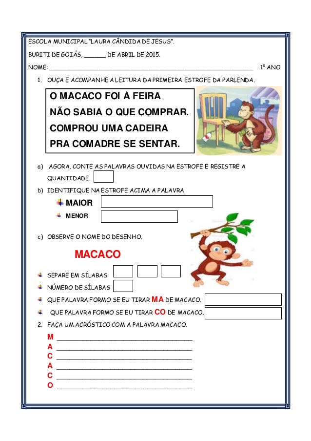 Parlendas: O MACACO FOI À FEIRA E MACACA SOFIA