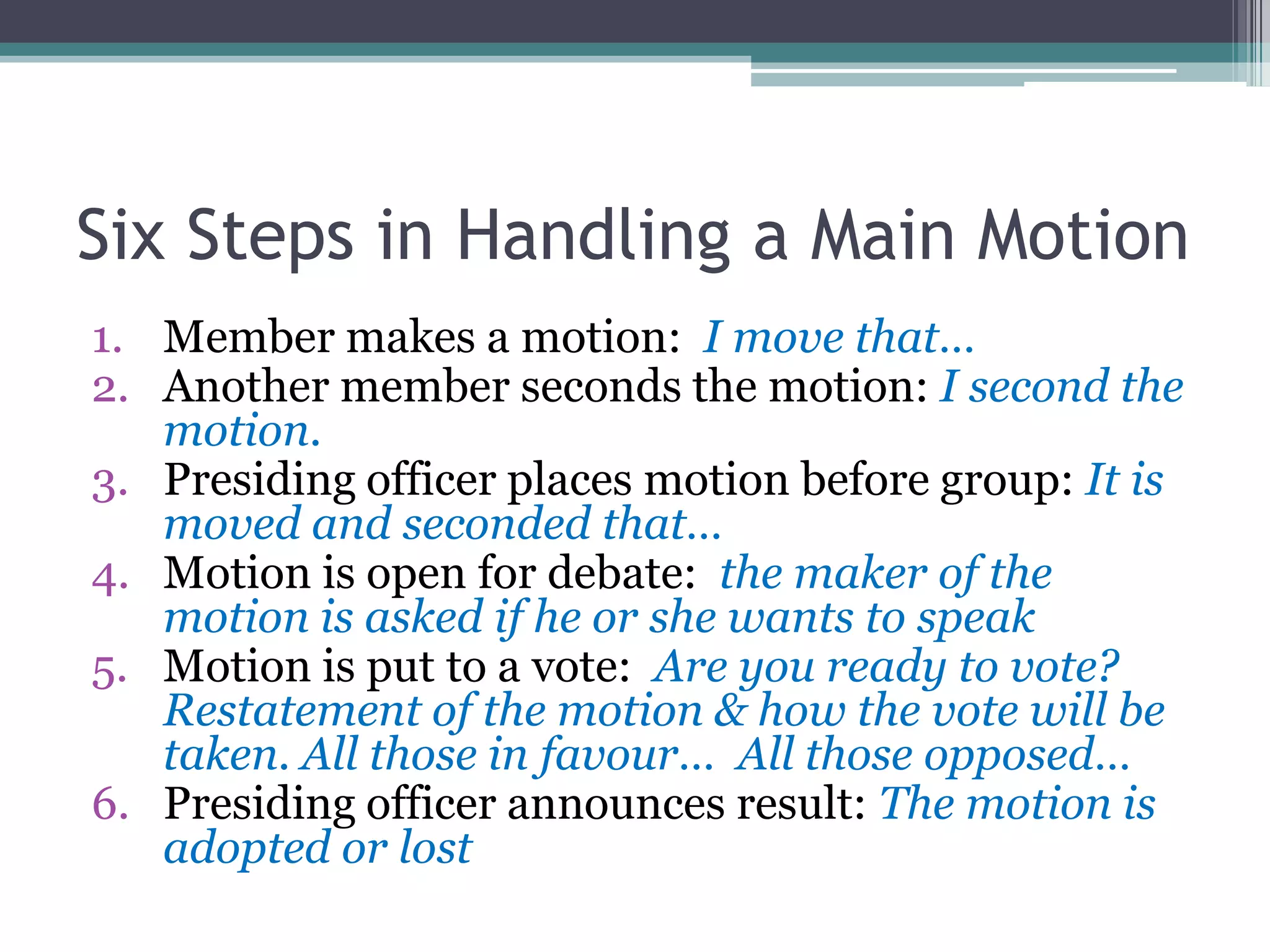 Parliamentary procedure in action for toastmasters | PPT