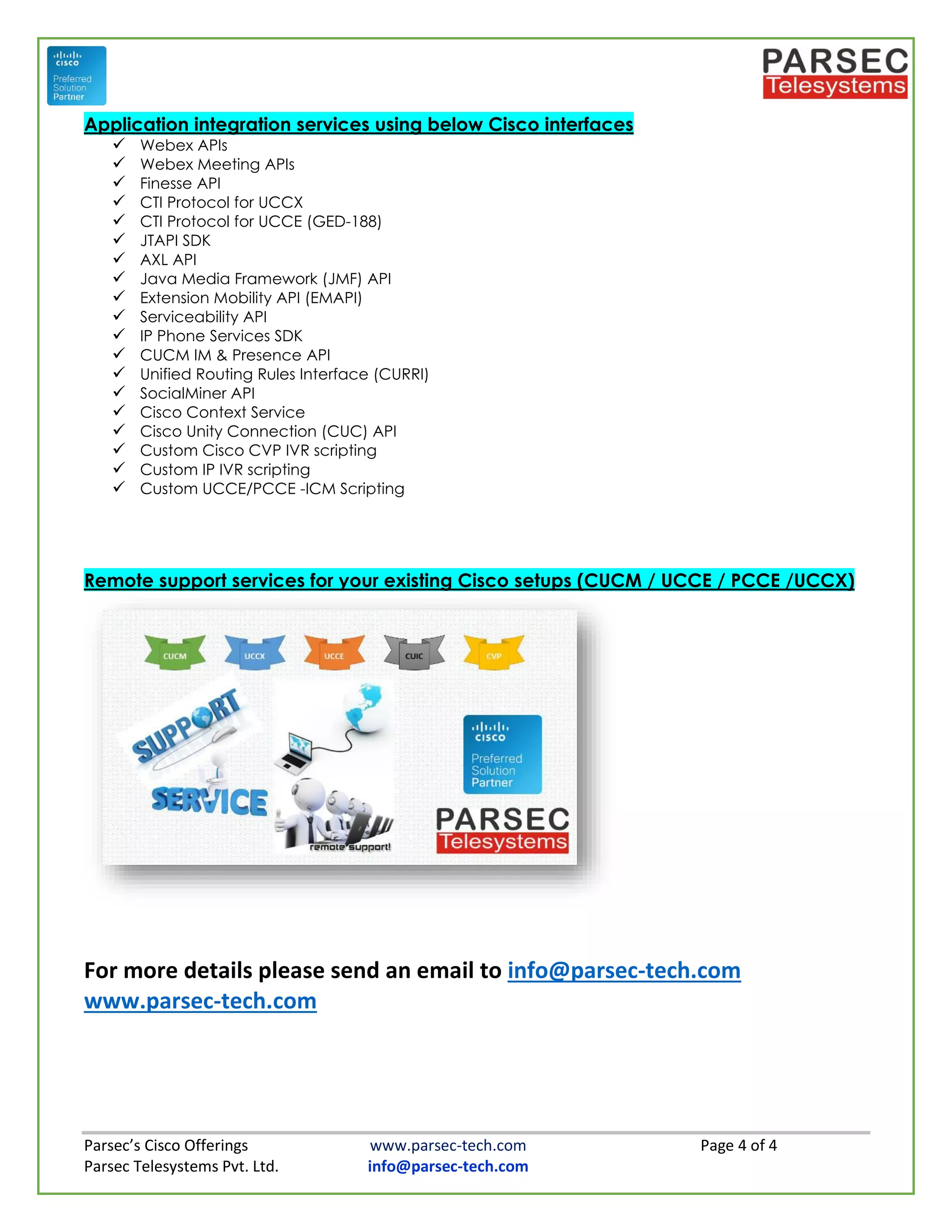 Parsec's Cisco Contact Center applications and App Integration Services | PDF