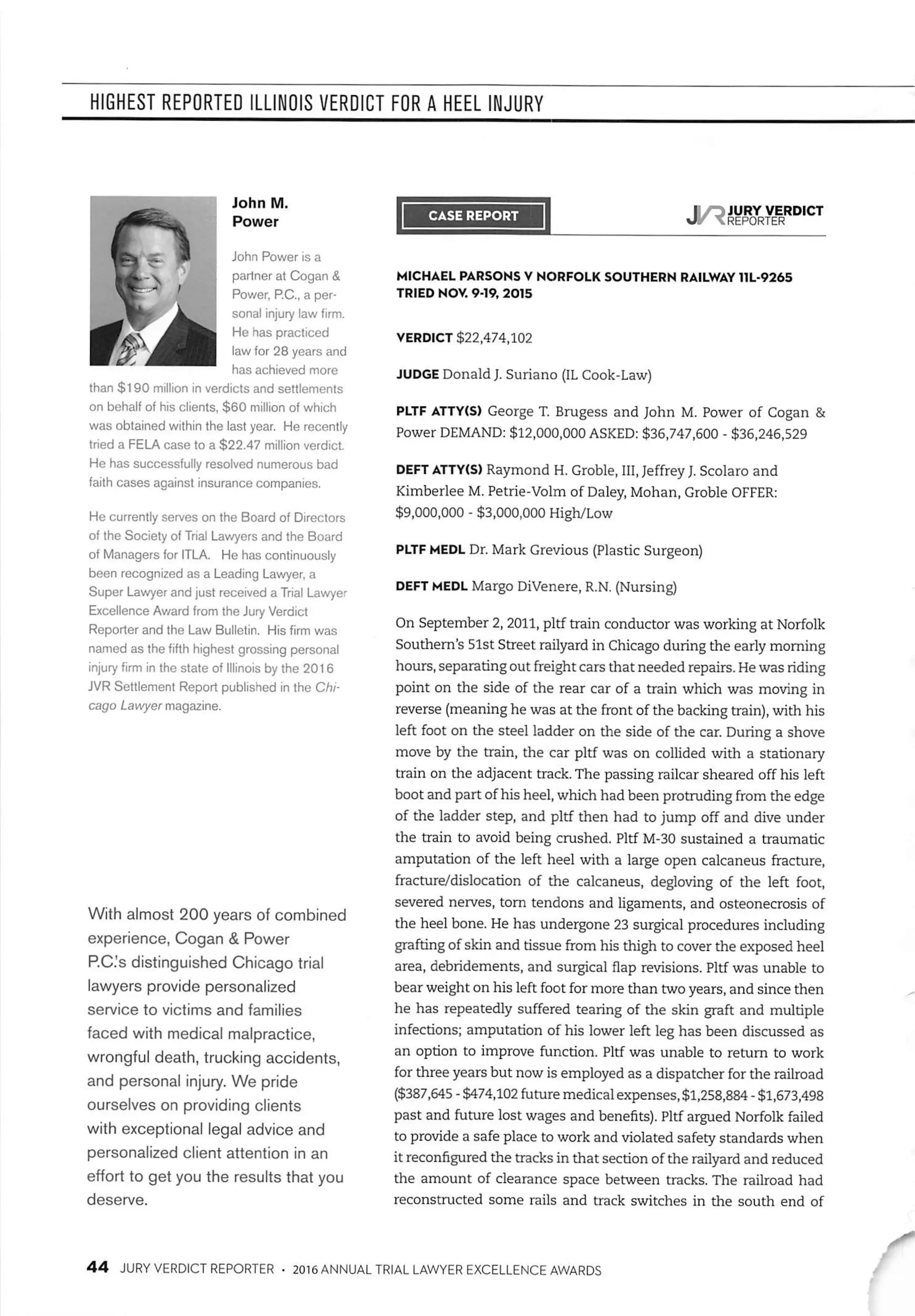 Power and Brugess Awarded for Highest Reported Illinois Verdict for a ...