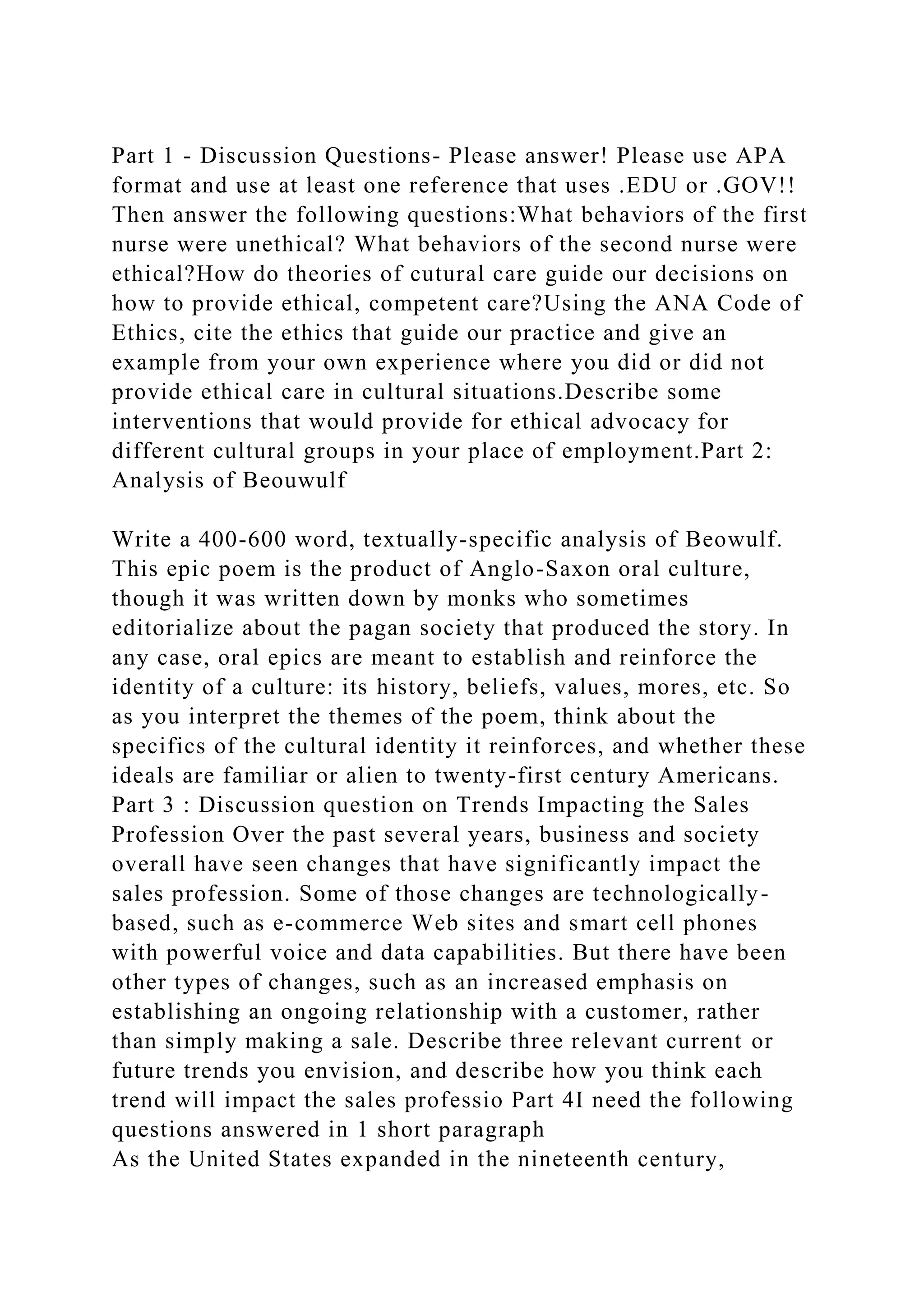 Part 1 - Discussion Questions- Please answer! Please use APA format .docx
