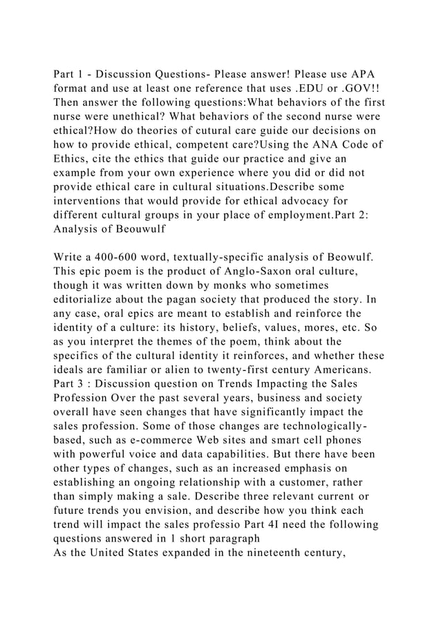 Part 1 - Discussion Questions- Please answer! Please use APA format .docx