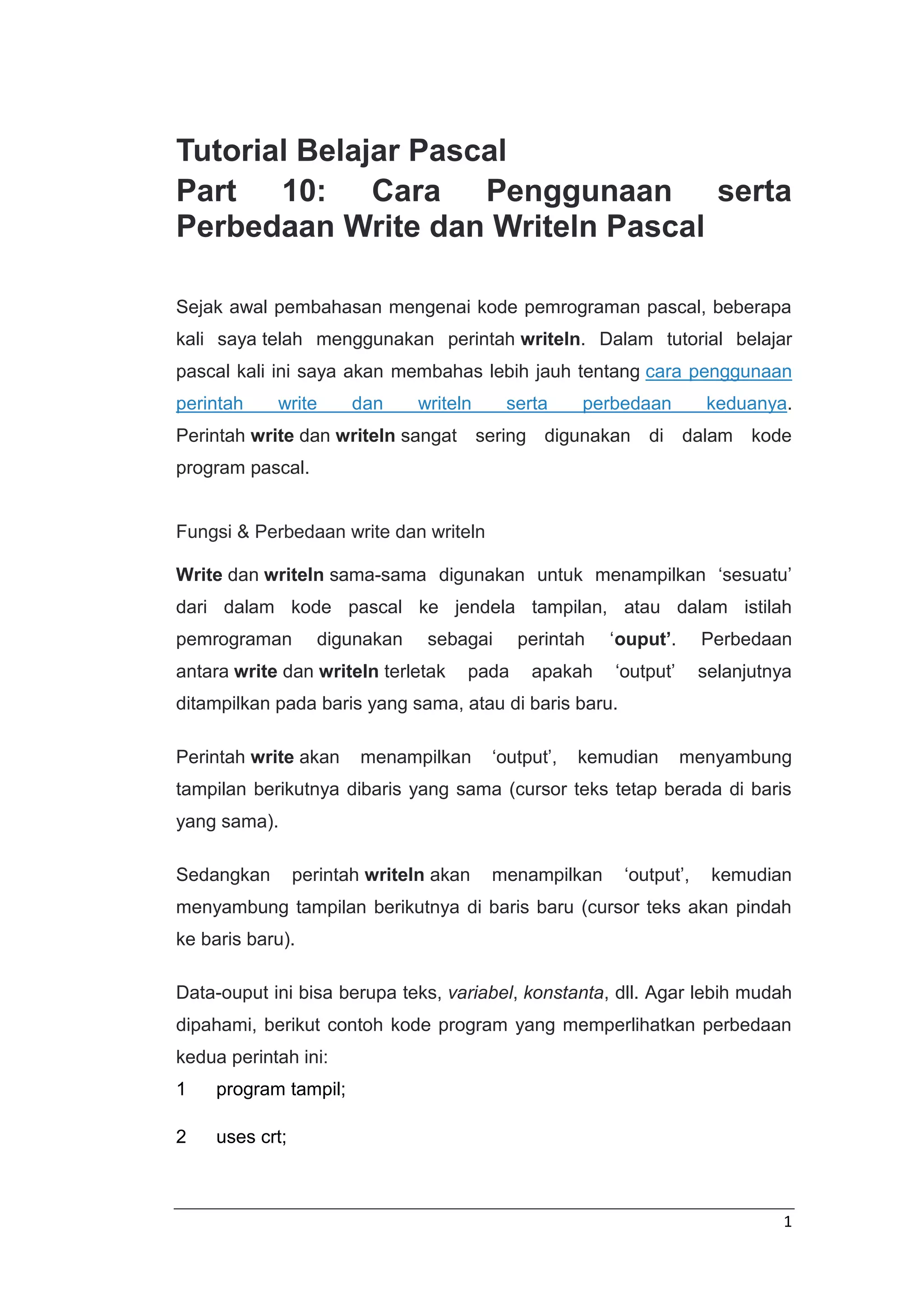 Part 10: Penggunaan serta Perbedaan Write dan Writeln | PDF