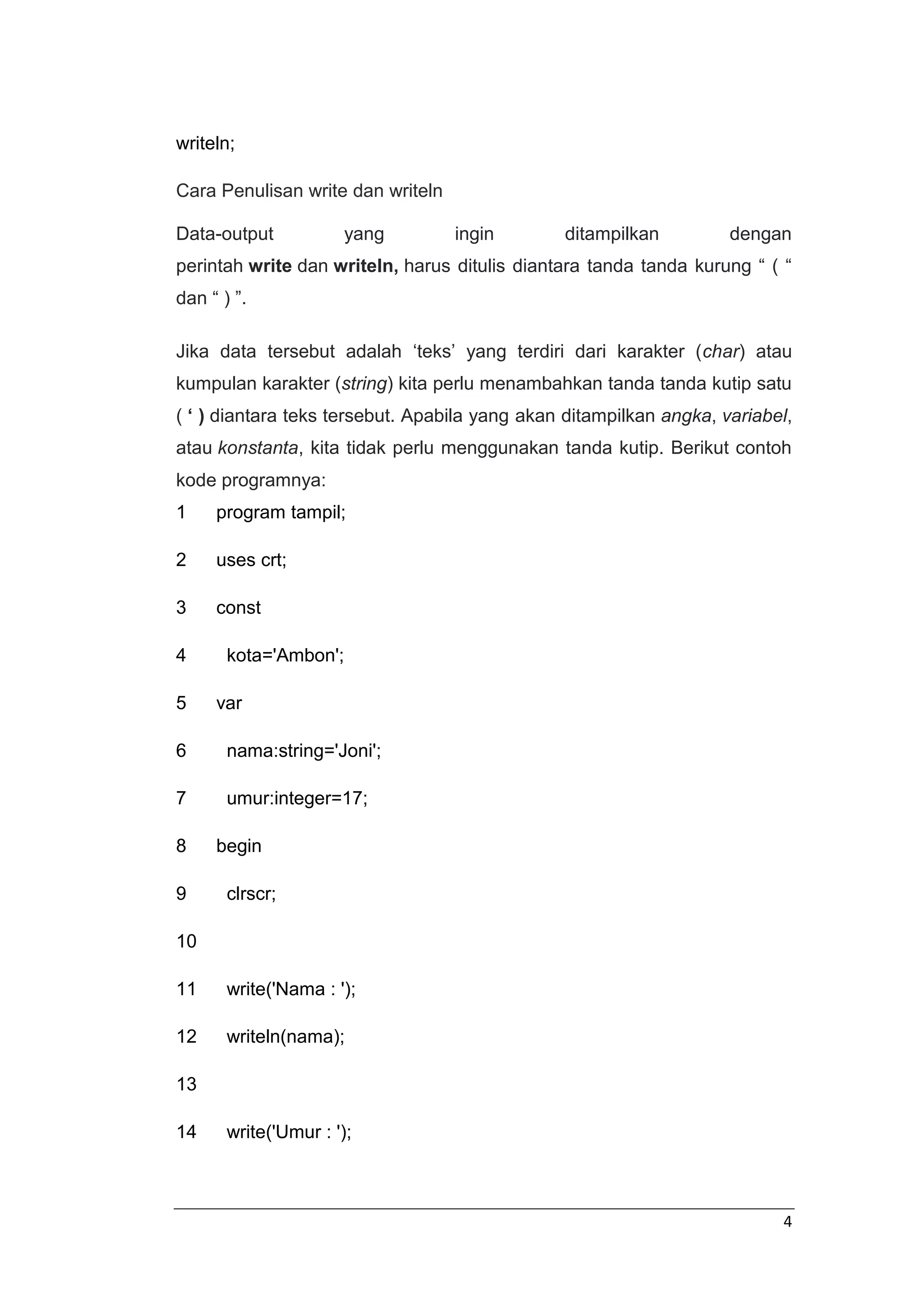 Part 10: Penggunaan serta Perbedaan Write dan Writeln | PDF