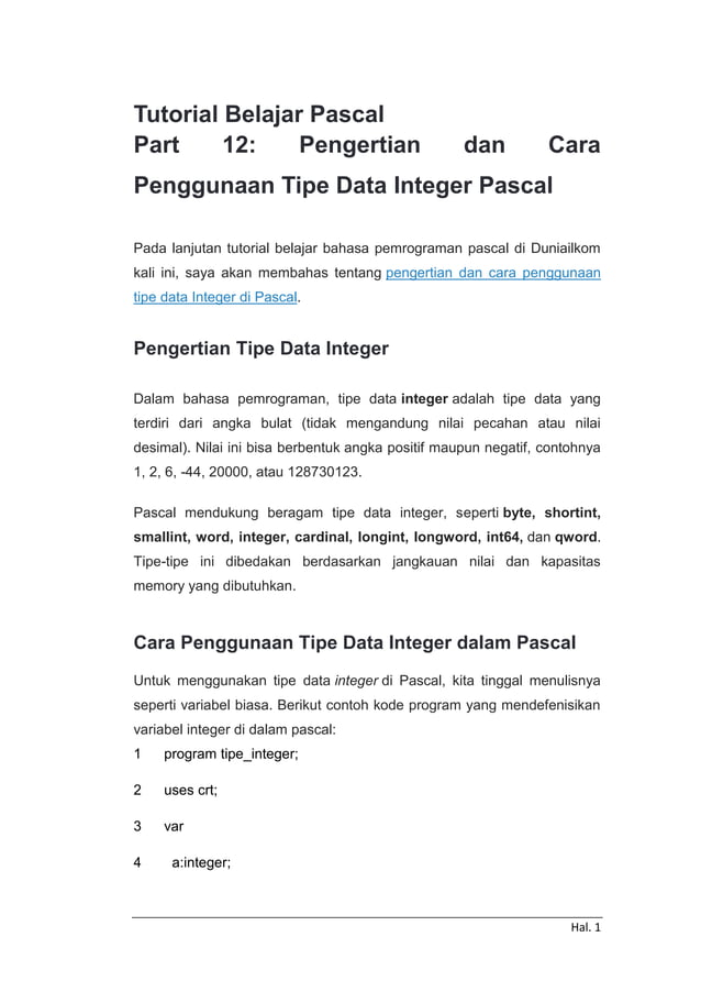 Part 12 Penggunaan Tipe Data Integer Pdf