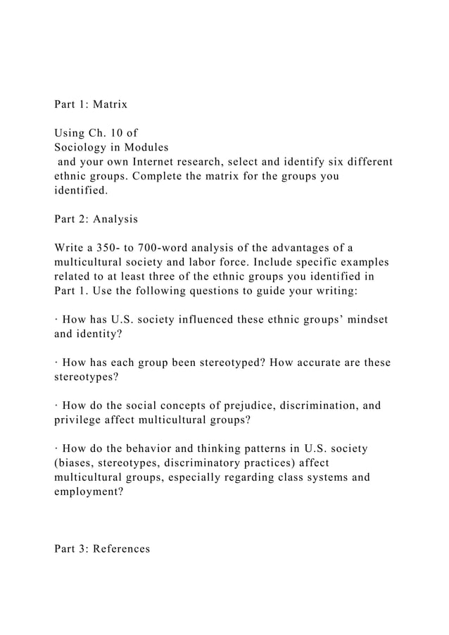 Part 1 MatrixUsing Ch. 10 of Sociology in Modules and y.docx