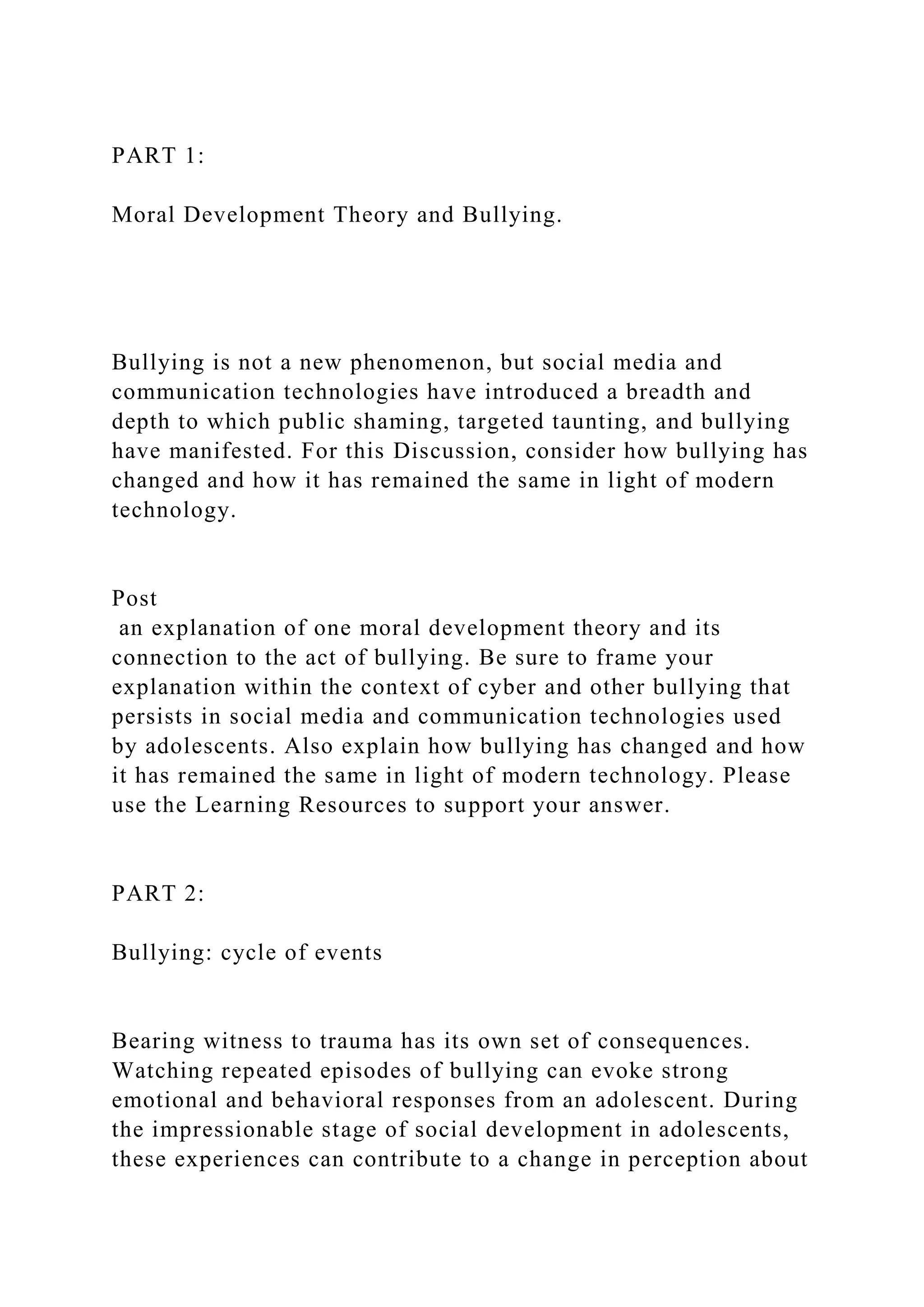 PART 1Moral Development Theory and Bullying. Bullying.docx