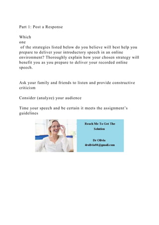 Part 1 Post a ResponseWhich one of the strategies listed b.docx
