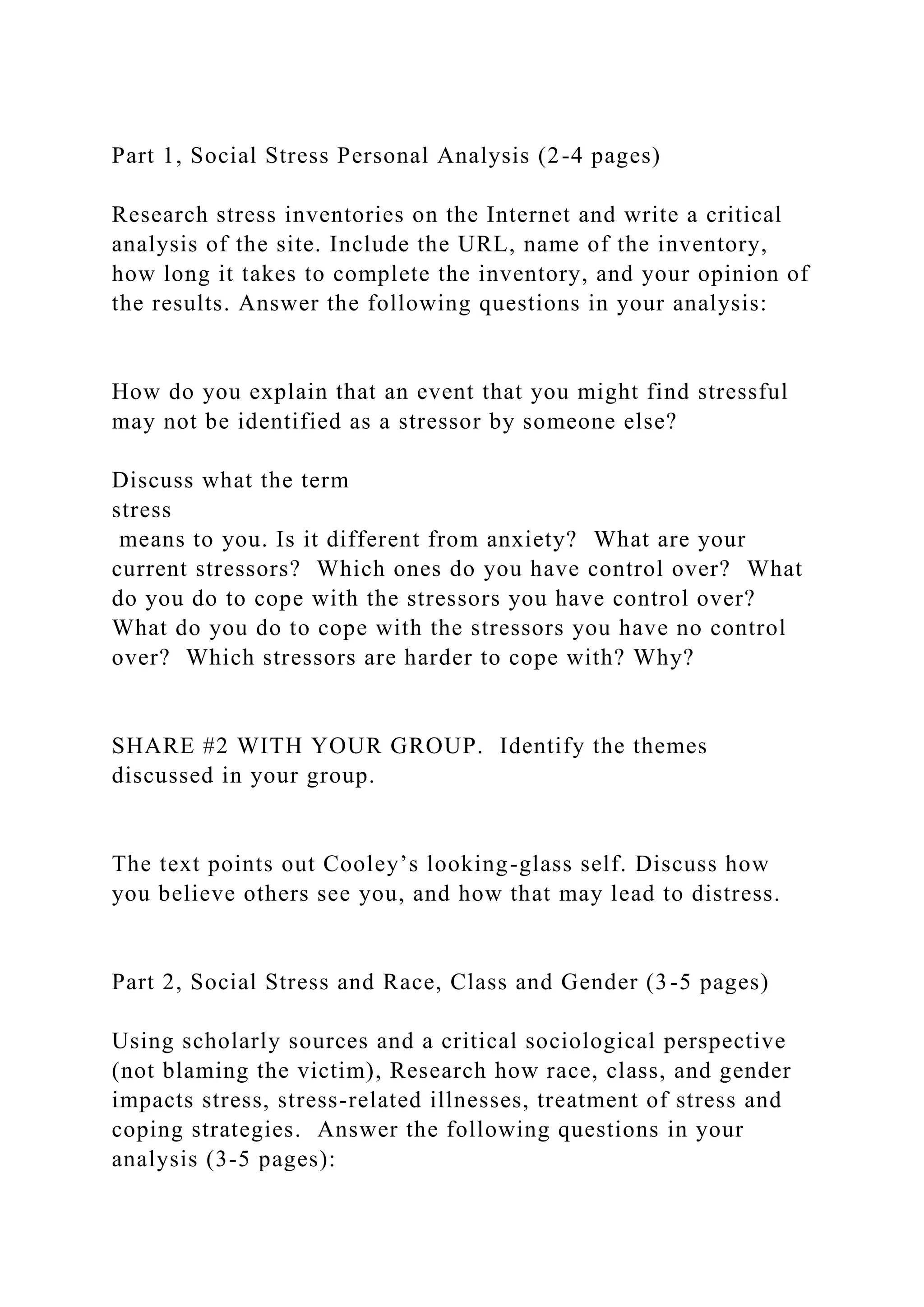 Part 1, Social Stress Personal Analysis (2-4 pages)Research stre.docx