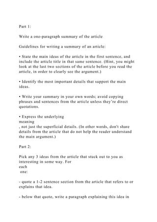 Part 1 Write a one-paragraph summary of the article Guideli.docx ...