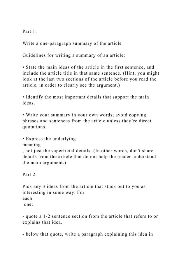 Part 1 Write a one-paragraph summary of the article Guideli.docx