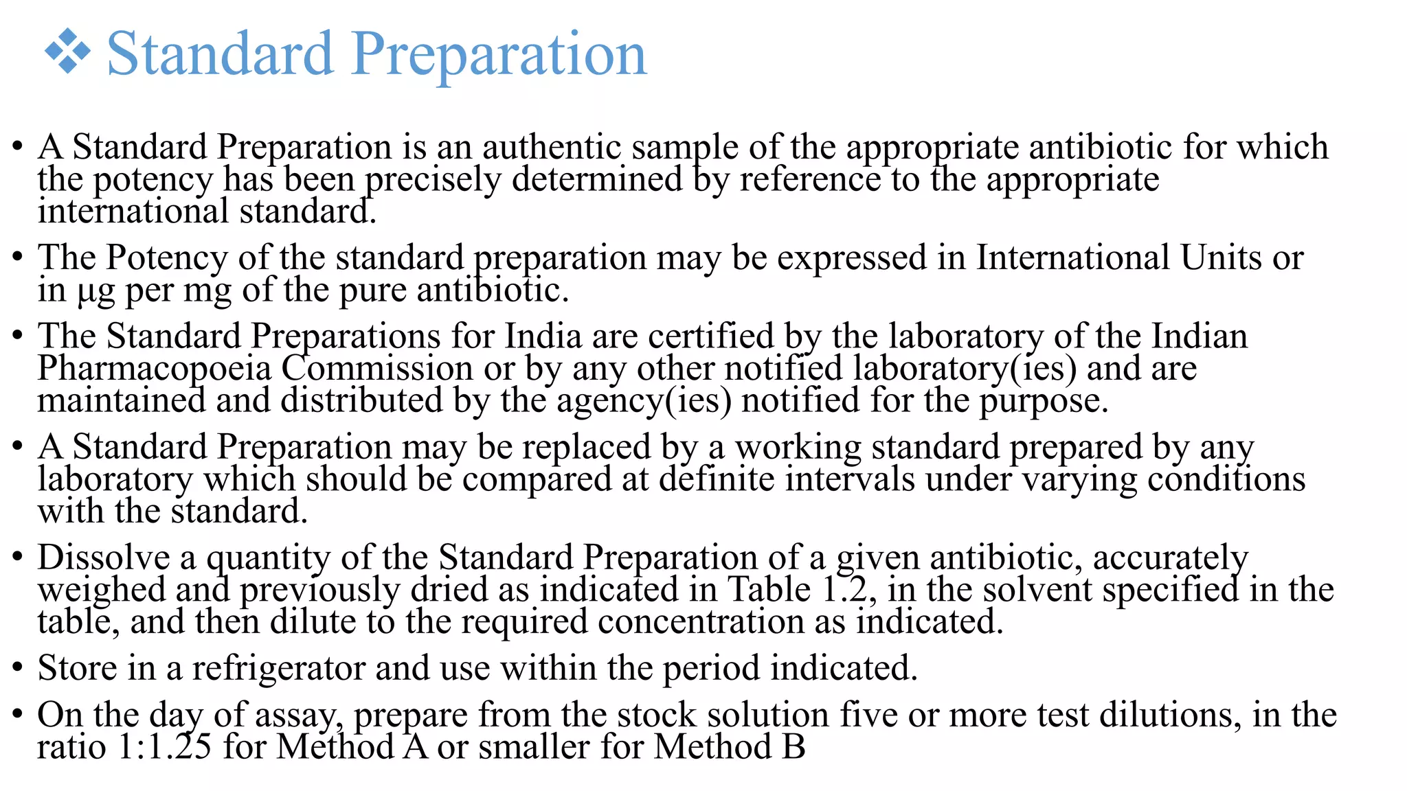 Principles and methods of different microbiological assay, methods for standardization of ...