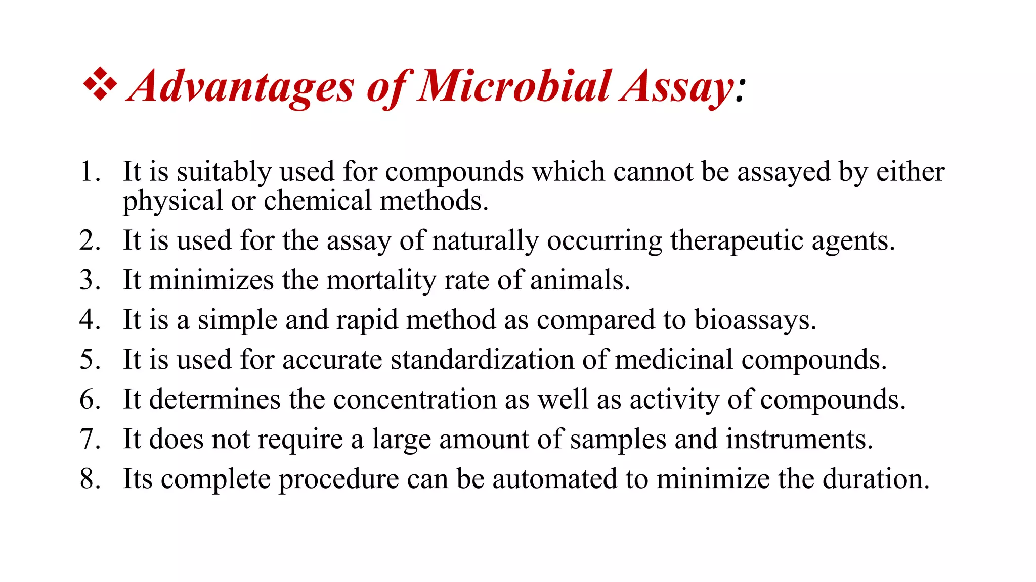 Principles and methods of different microbiological assay, methods for standardization of ...