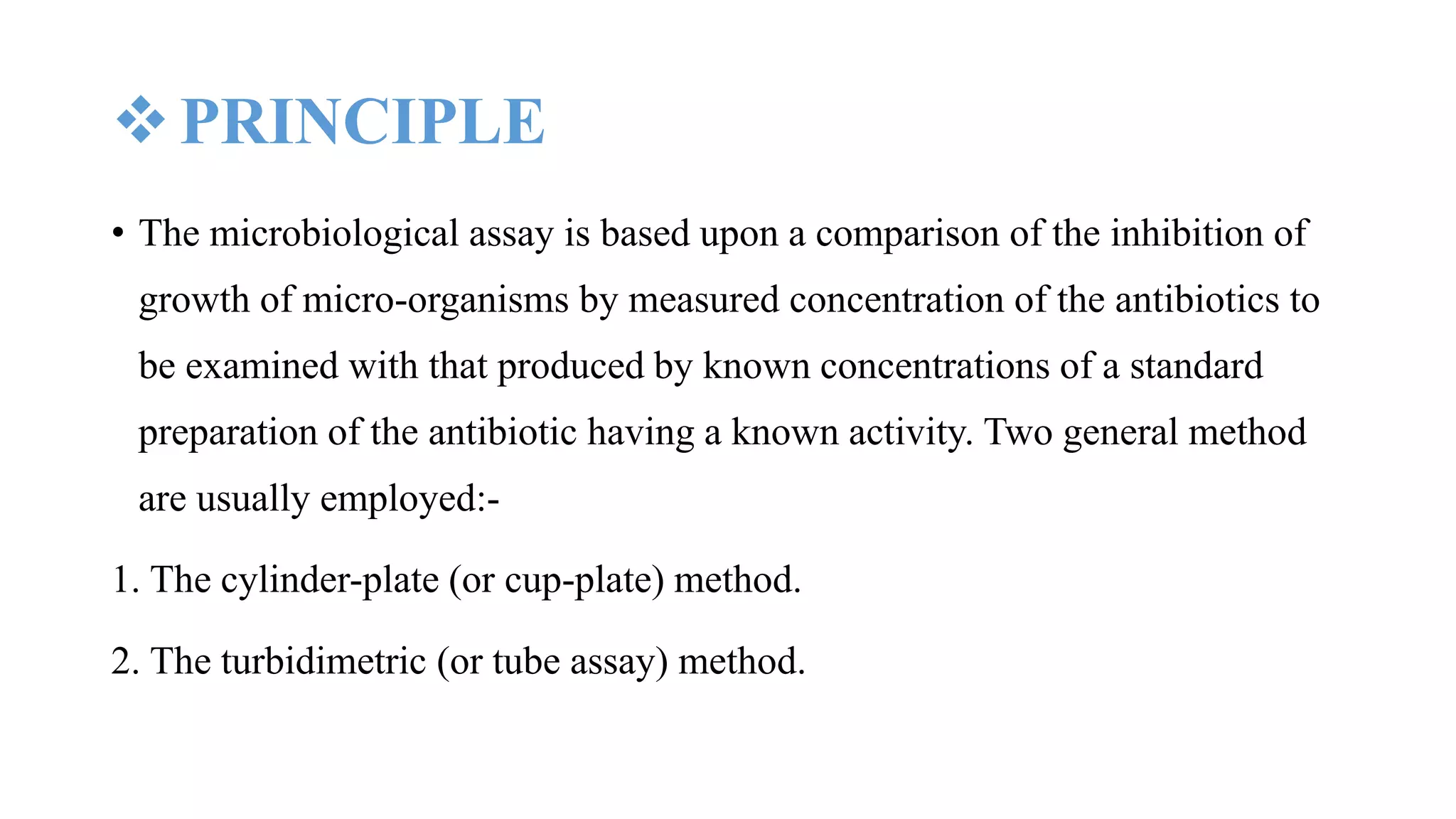 Principles and methods of different microbiological assay, methods for standardization of ...