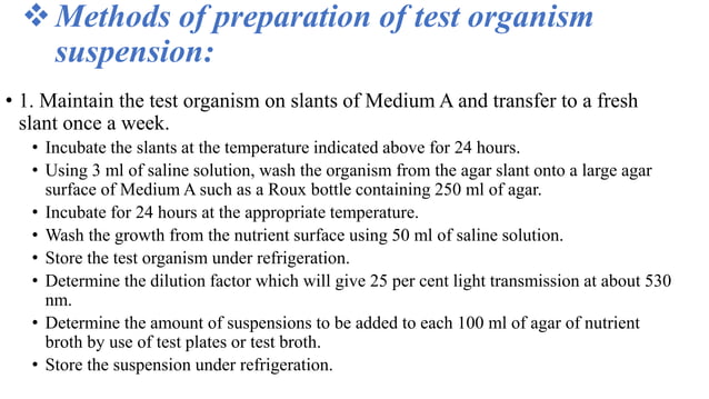 Principles and methods of different microbiological assay, methods for standardization of ...