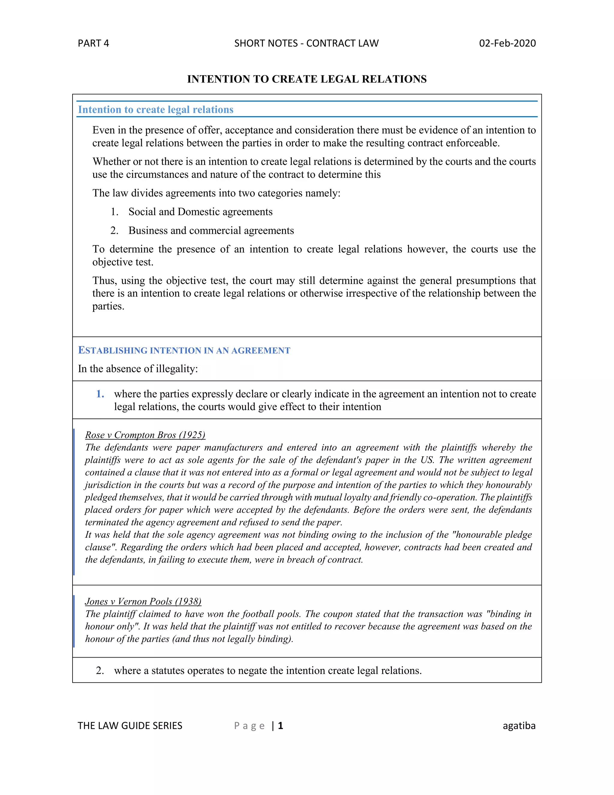 Intention to create legal relations | PDF
