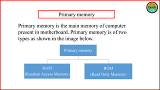 Part 5 Computer memory | Primary Memory | Secondary Memory | PPT