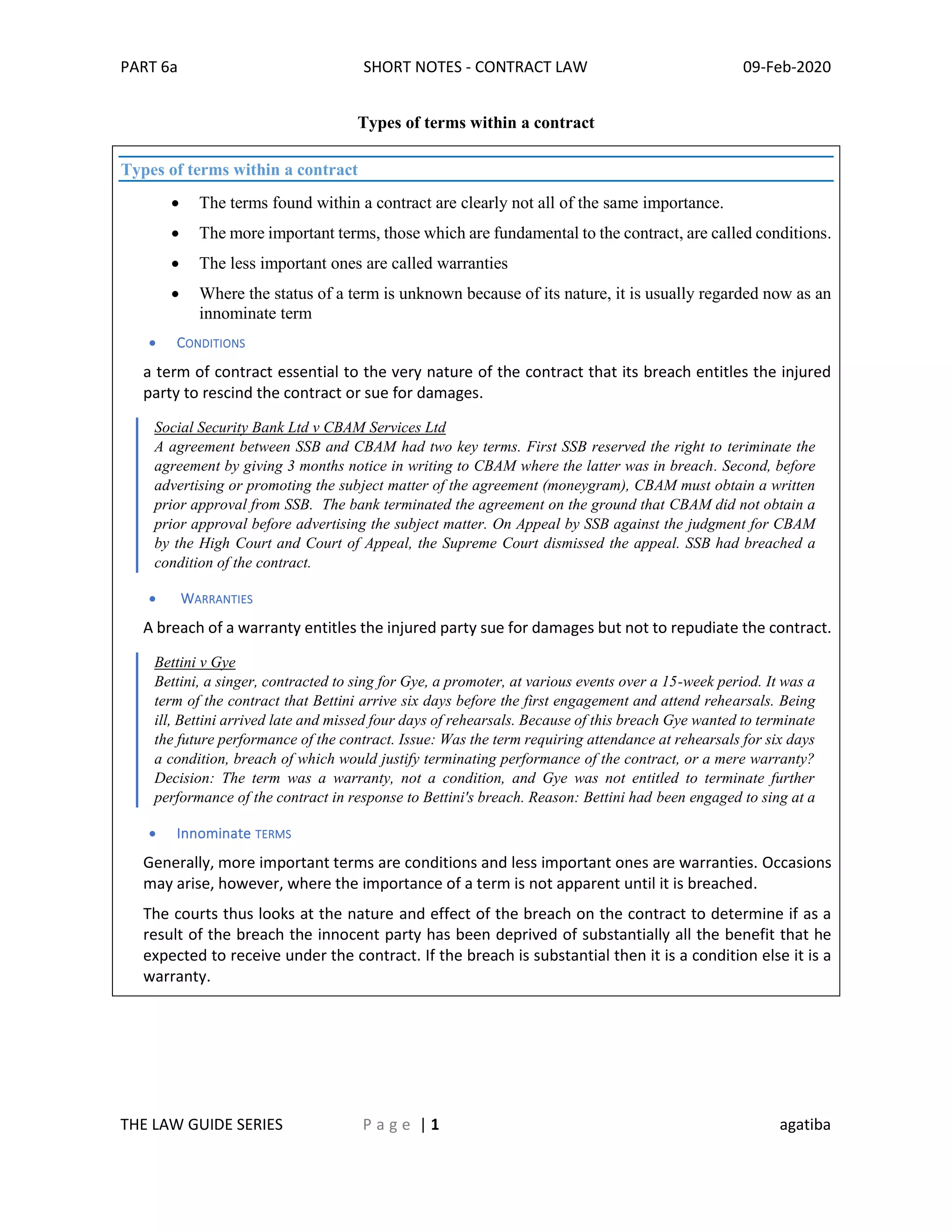Types of terms within a contract - Contract Law | PDF