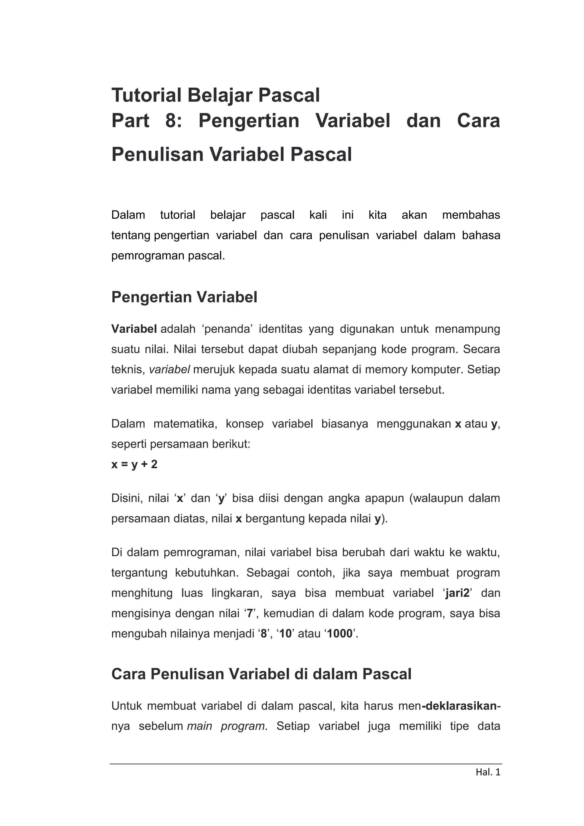 Part 8 pengertian variabel dan cara penulisan variabel pascal | PDF