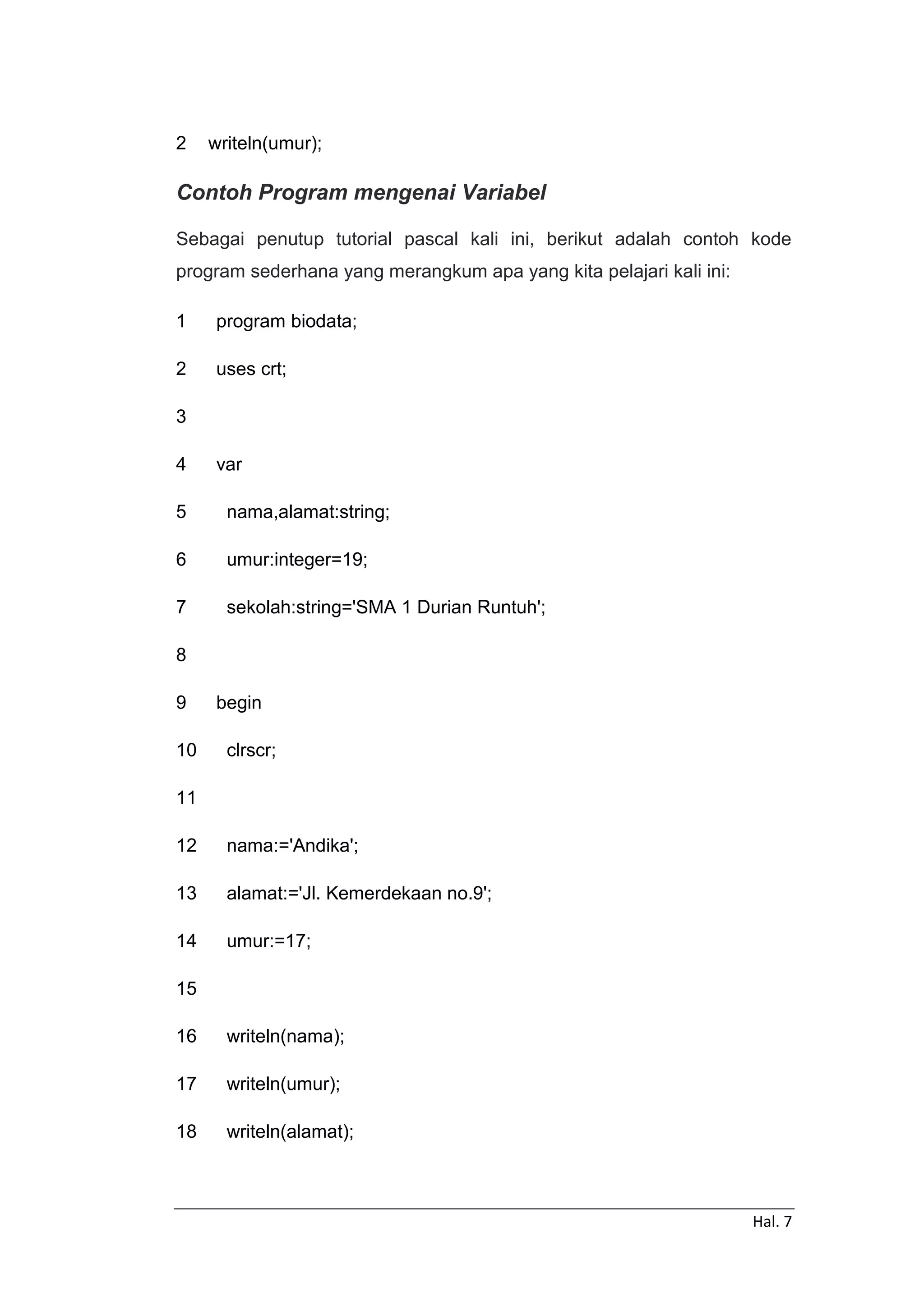Part 8 pengertian variabel dan cara penulisan variabel pascal | PDF