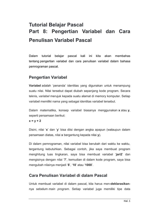 Part 8 pengertian variabel dan cara penulisan variabel pascal | PDF