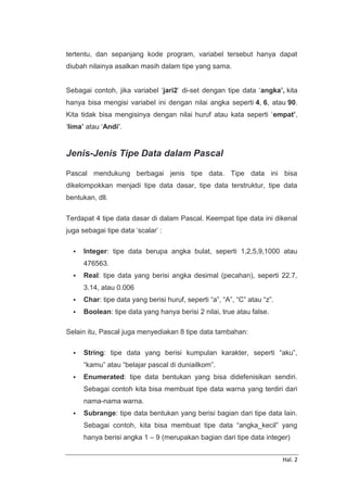 Part 8 pengertian variabel dan cara penulisan variabel pascal | PDF