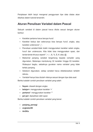 Part 8 pengertian variabel dan cara penulisan variabel pascal | PDF