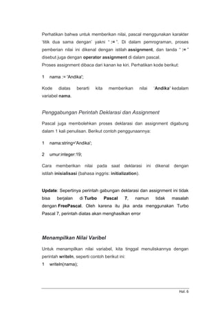 Part 8 pengertian variabel dan cara penulisan variabel pascal | PDF