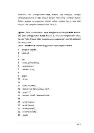 Part 8 pengertian variabel dan cara penulisan variabel pascal | PDF