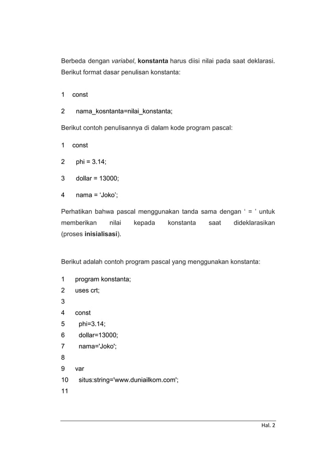 Part 9 pengertian konstanta dan cara penulisan konstanta pascal | PDF