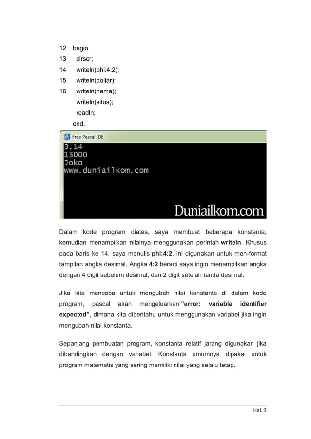 Part 9 pengertian konstanta dan cara penulisan konstanta pascal | PDF