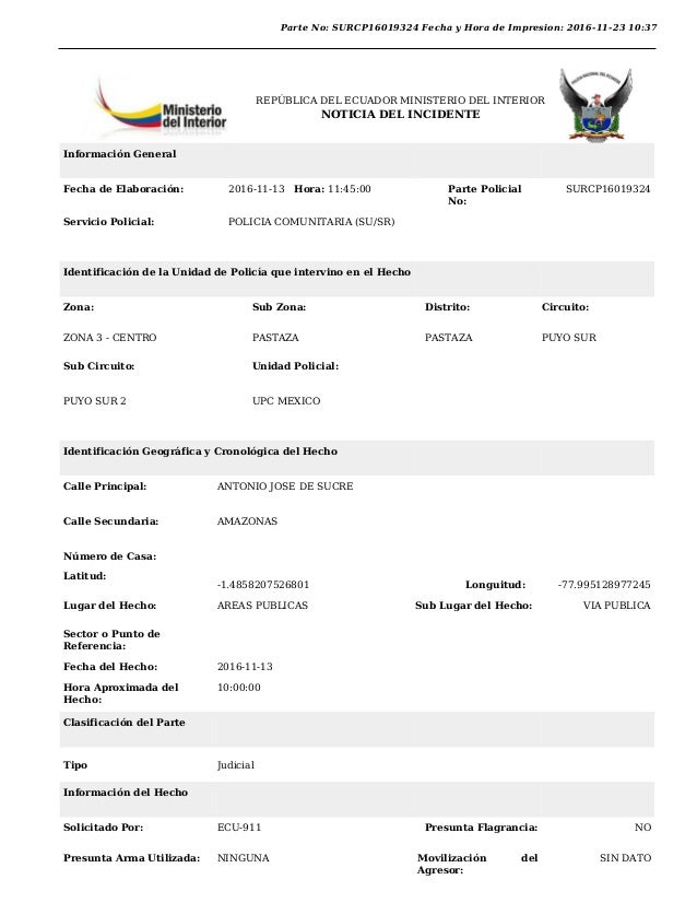 Parte policial. denuncia escrita