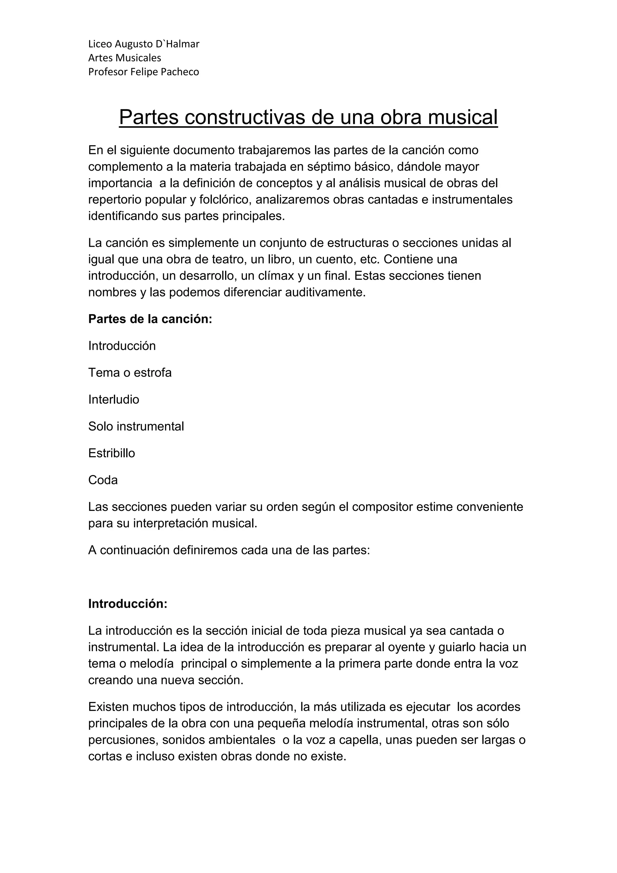 Partes de la canción | DOCX