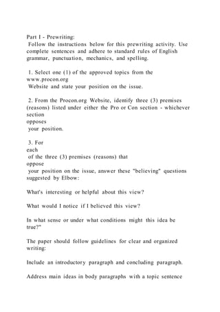Part I - Prewriting Follow the instructions below for this prewri | PDF