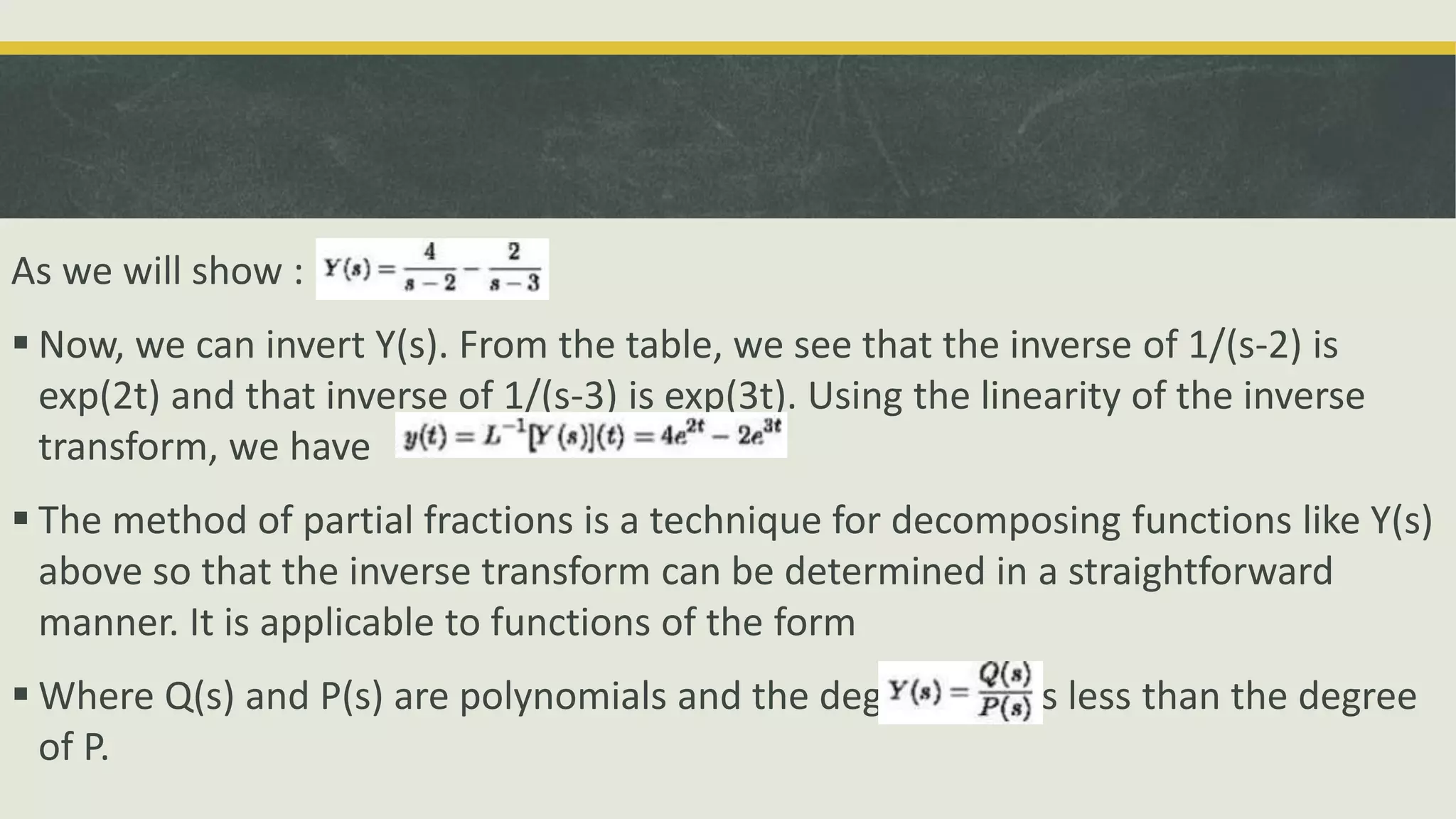 Partial fraction decomposition for inverse laplace transform | PPTX