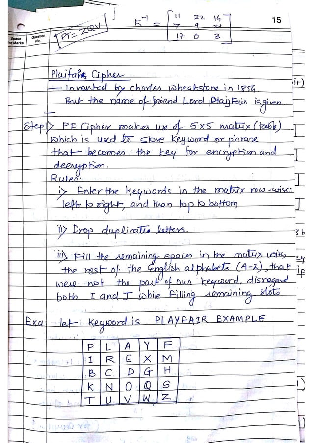 Stream cipher: Play Fair, Hill Cipher, Product Cipher | PDF