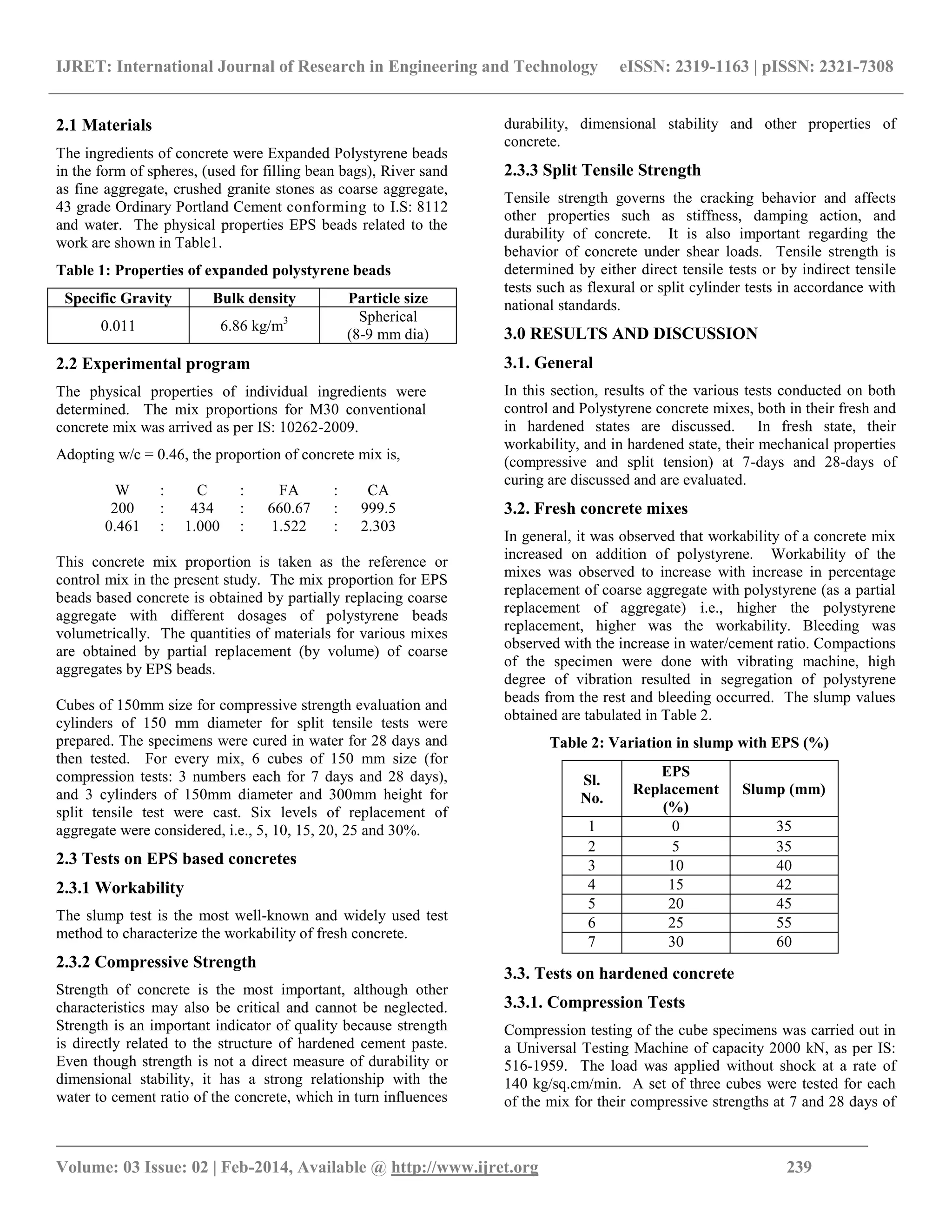 Partial replacement of coarse aggregates by expanded polystyrene beads ...
