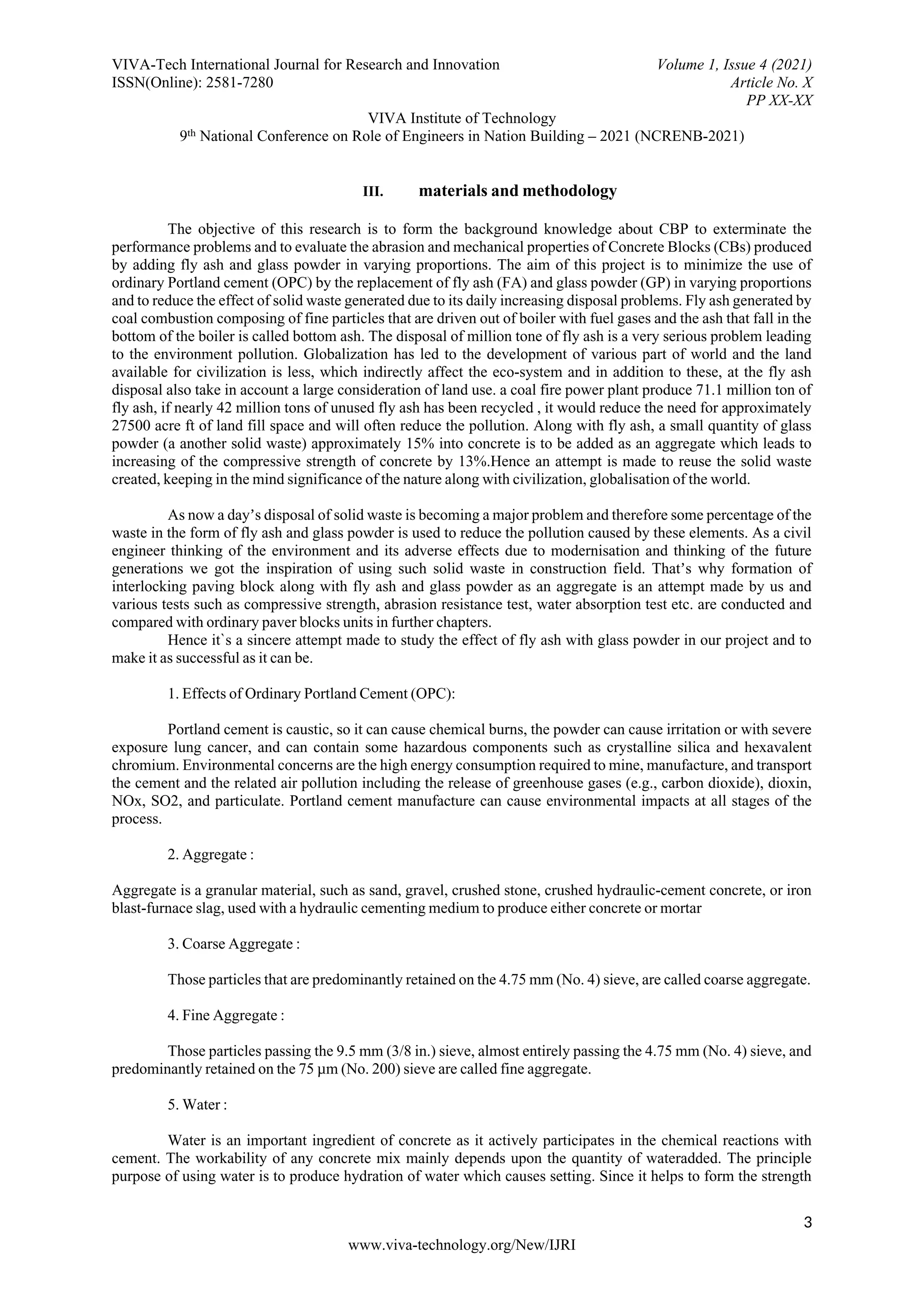 Partial replacement of fine aggregrate and cement in paver blocks using waste materials. | PDF