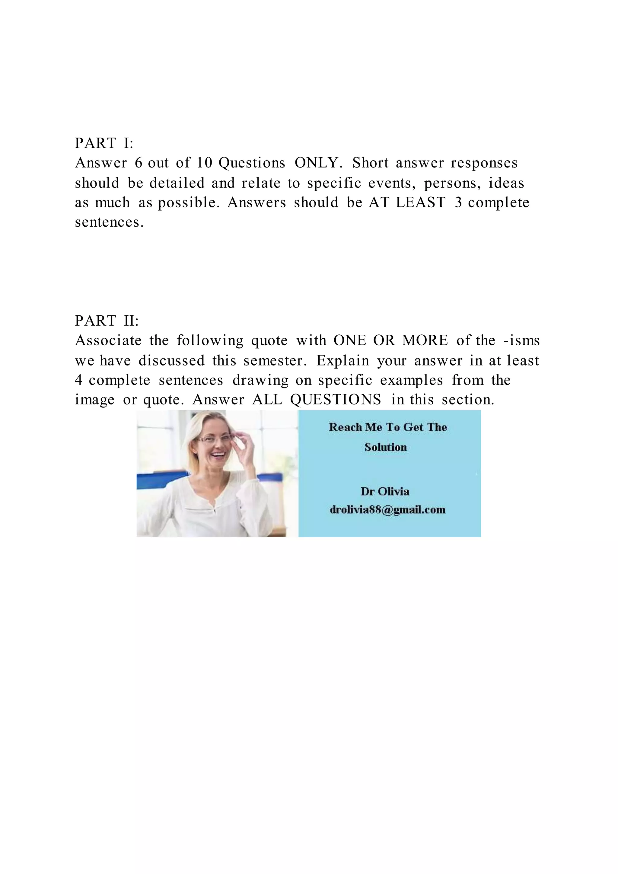 PART I Answer 6 out of 10 Questions ONLY. Short answer respon | DOCX